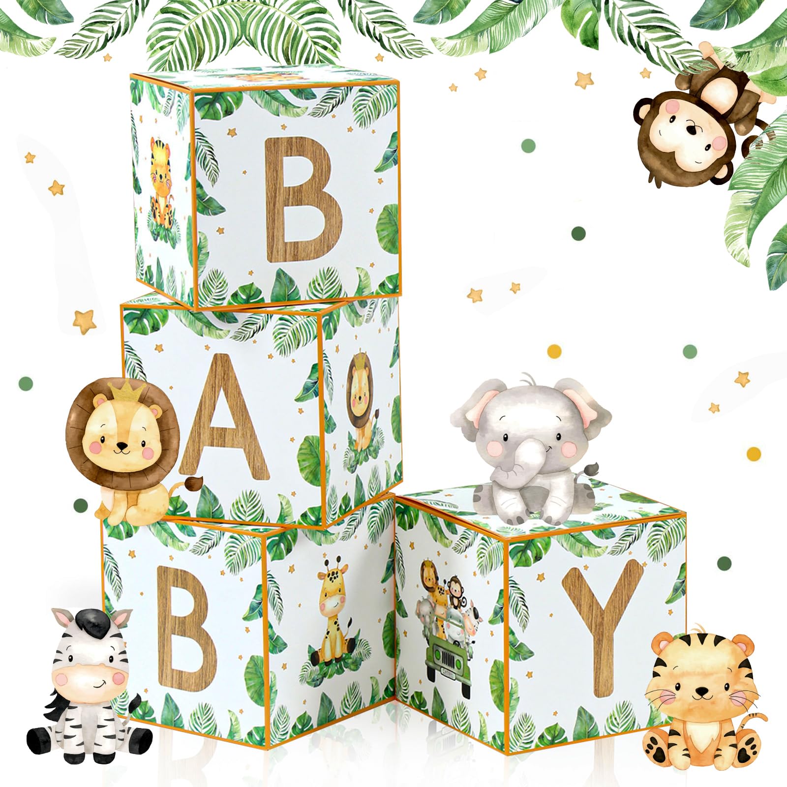 Safari Baby Boxes for Baby Shower Decorations - 4pcs Sage Green Woodland Animal Balloon Boxes ，Safari Baby Shower Decorations for Boy Jungle Birthday Party， Wild One Party Backdrop Decor Supplies