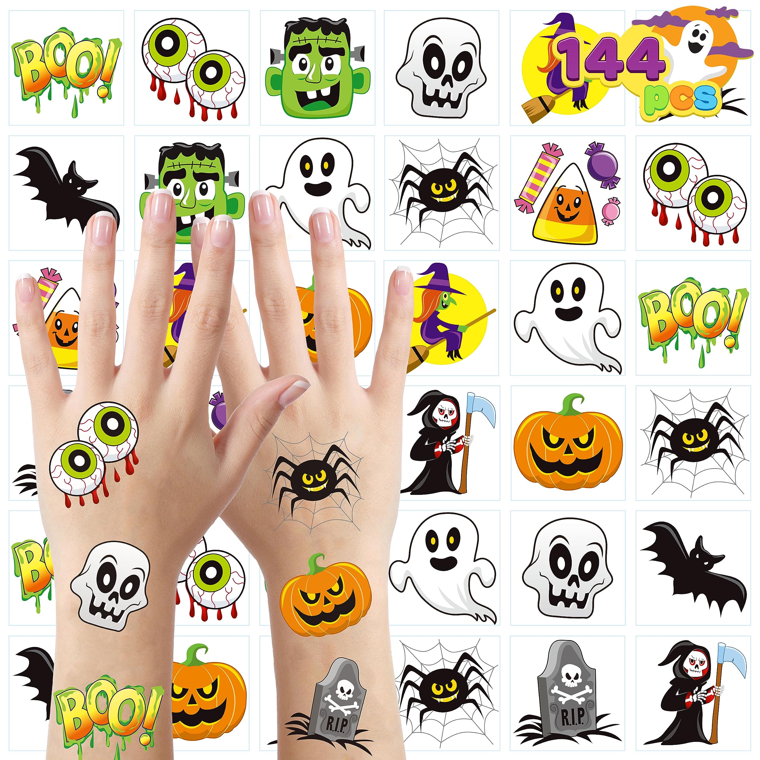 JOYIN 144 PCS Halloween Temporary Tattoos for Kids, 12 Designs Bulk Fake Tattoos Stickers for Halloween Party Favors Decorations, Supplies Trick or Treat Game Gifts Goodie Bags, Class Game Prizes