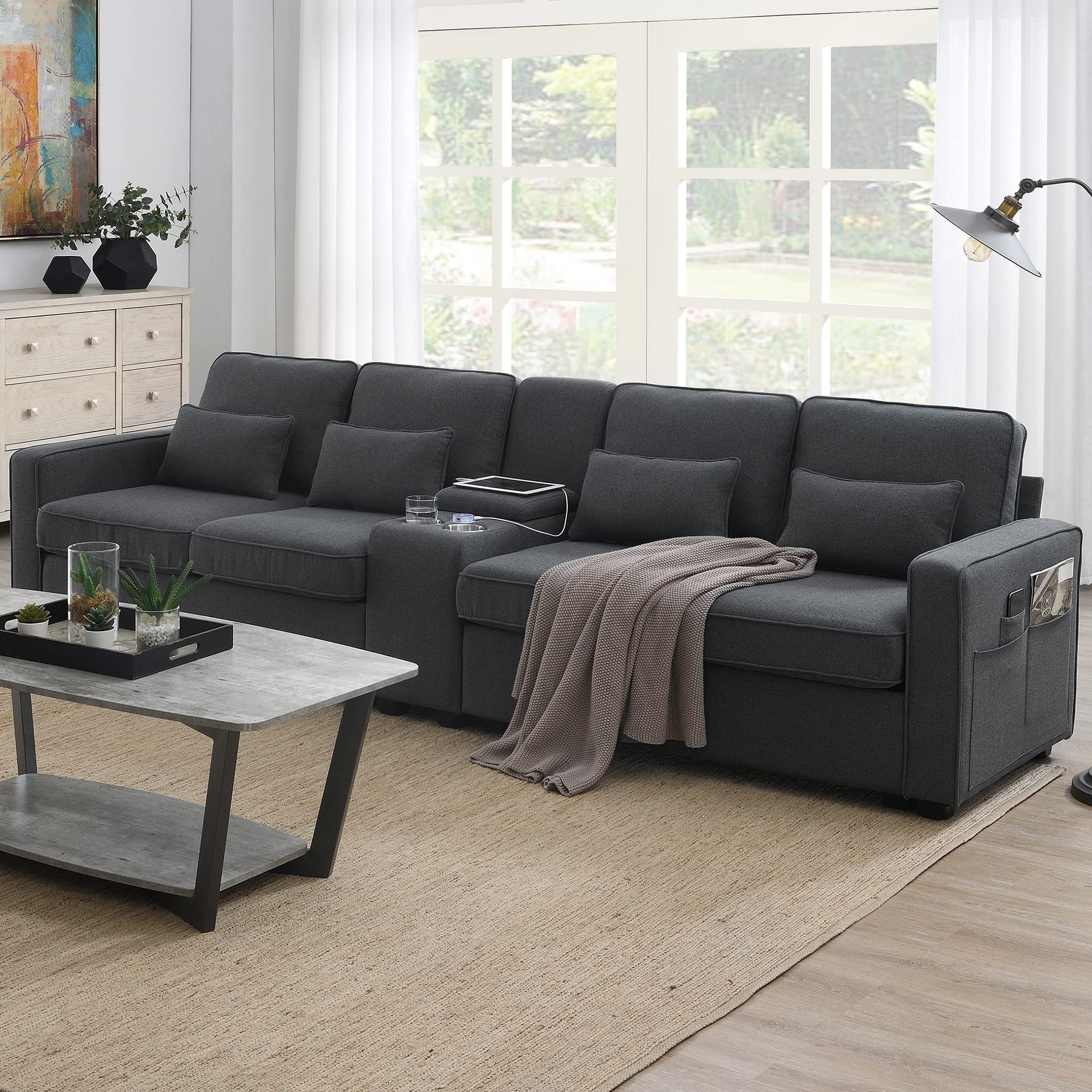 WILLIAMSPACE 114.2" Upholstered Sofa Couch for Living Room, Modern 4 Seater Sofa Fabric Couches with Storageable Coffee Table and 2 Cupholders, 2 USB Ports Wired or Wirelessly Charged (Dark Grey)