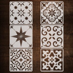 6pieces floor stencil reusable, 12 x 12 inch for tile floor slabs wall stencil wood painting template paint stencils for walls furniture garden patio bathroom decor diy