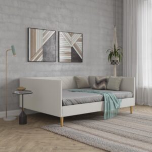 dhp alicent full upholstered daybed with gold metal legs, gray linen