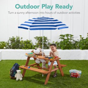 Best Choice Products Kids Wooden Picnic Table, Outdoor Activity & Dining Table w/Adjustable Collapsible Umbrella, Built-in Seats - Golden Brown/Navy