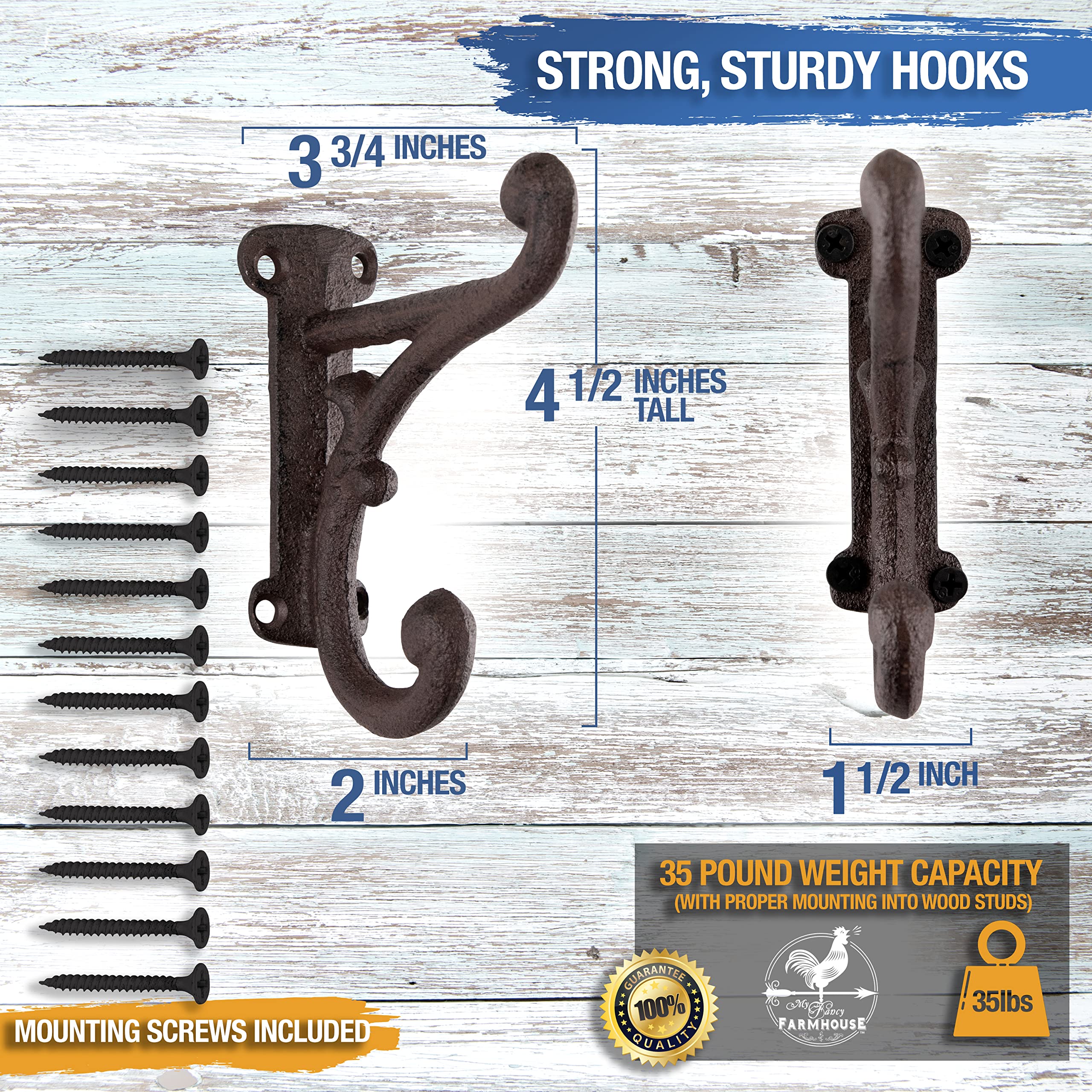 Rustic Cast Iron Coat Hooks (3 Pack) Rustic Dark Brown, Wall Mounted, Farmhouse Decorative, Heavy Duty Wall Hooks for Hanging Coats, Hats, Towels (Mounting Hardware Included)