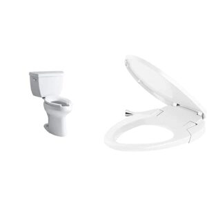 kohler 3493-0 highline classic pressure lite comfort height elongated 1.6 gpf toilet with left-hand trip lever, white & purewash elongated manual bidet toilet seat, white quiet-close lid, 98804-cp-0