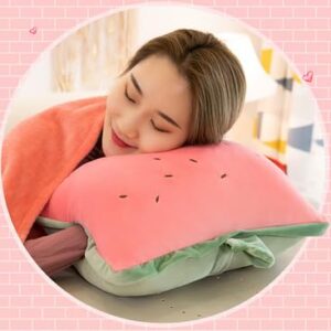 Rikyo 15" Stuffed Fruit Travel Blanket and Pillow Set,3 in 1 Plush Stuffed Hugging Pillow with Warming Hands Pillow Blanket for Kids Gift Travel Airplane Train Bed Office Nap (Pink - Strawberry)