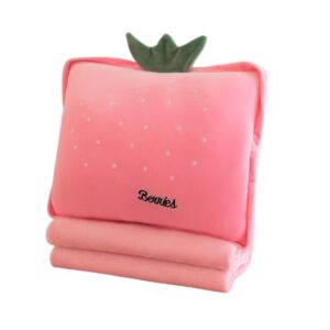 rikyo 15" stuffed fruit travel blanket and pillow set,3 in 1 plush stuffed hugging pillow with warming hands pillow blanket for kids gift travel airplane train bed office nap (pink - strawberry)