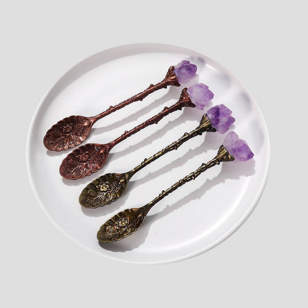 Leadigol 2pcs Retro Crystal Antique Spoon Coffee Spoon Tea Spoon,Amethyst Crystal Alloy Spoons,Mini Ice Cream Decorative Spoons, for Home Office