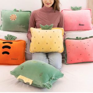 Rikyo 15" Stuffed Fruit Travel Blanket and Pillow Set,3 in 1 Plush Stuffed Hugging Pillow with Warming Hands Pillow Blanket for Kids Gift Travel Airplane Train Bed Office Nap (Pink - Strawberry)