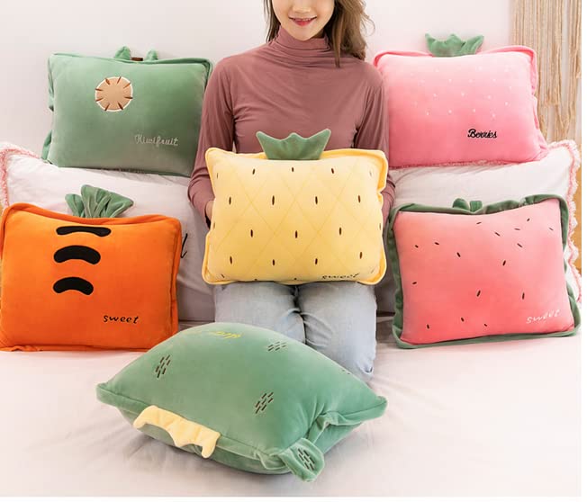 Rikyo 15" Stuffed Fruit Travel Blanket and Pillow Set,3 in 1 Plush Stuffed Hugging Pillow with Warming Hands Pillow Blanket for Kids Gift Travel Airplane Train Bed Office Nap (Pink - Strawberry)