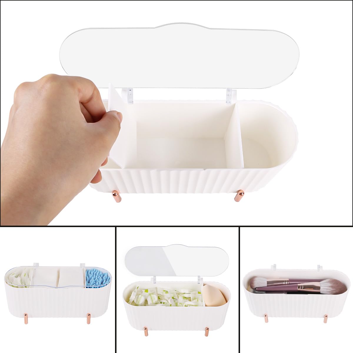 Tonxus Plastic Qtip Holder Dispenser,Cotton Ball and Swab Holder with Clear Lid,3 Compartments Bathroom Storage Organizer,Multifunctional Vanity Organizer for Cotton Swab,Ball,Cotton Pad,White