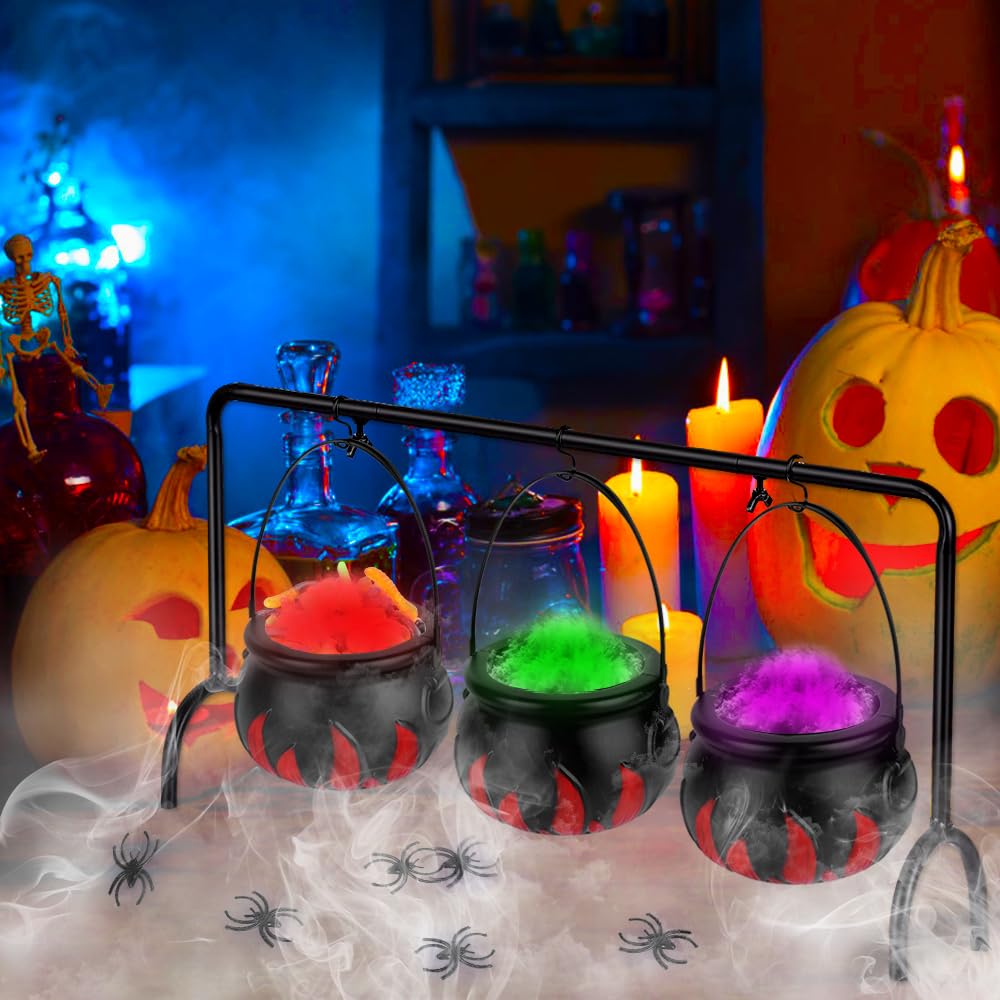 YUJUN 3 Pack Halloween Witch Cauldron Candy Servers Bowls Decor Plastic Kettle Lights Halloween Holder Bucket Witch Cauldron Spiders for Halloween Festival Supplies Indoor Outdoor Home Decoration