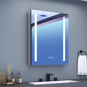 FRALIMK LED Medicine Cabinet with Vanity Mirror Lights, 24x30 inch Bathroom Wall with Defogger, Date/Time, Room Temp Display, 3X Makeup Mirror, Outlet, Recessed or Surface,Right Hinge