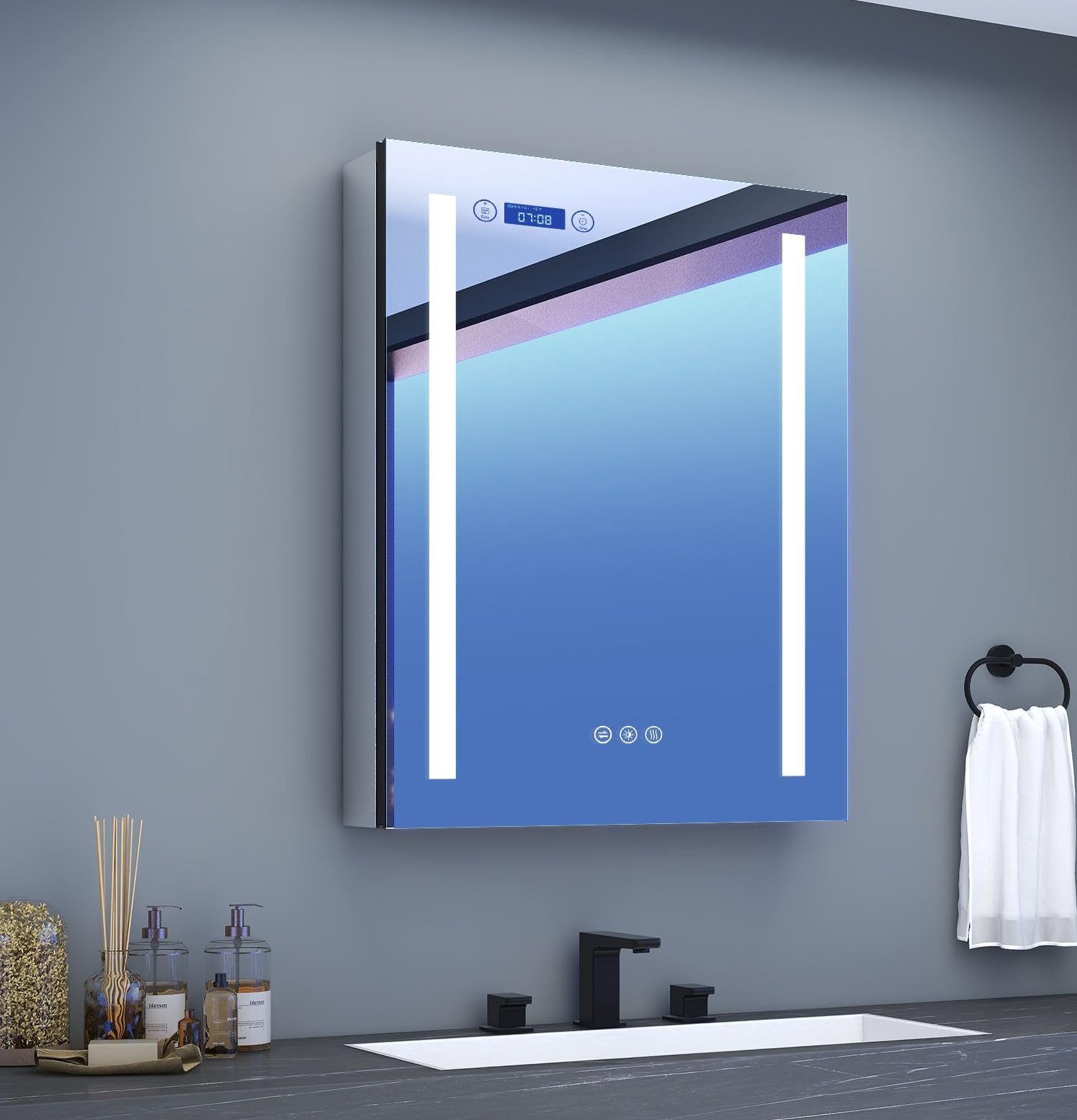 FRALIMK LED Medicine Cabinet with Vanity Mirror Lights, 24x30 inch Bathroom Wall with Defogger, Date/Time, Room Temp Display, 3X Makeup Mirror, Outlet, Recessed or Surface,Right Hinge