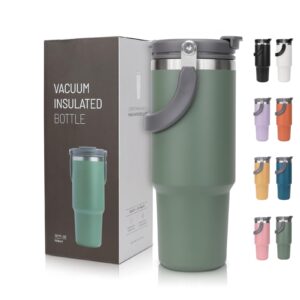 riley joy 30 oz tumbler with handle and straw lid, insulated stainless steel double walled vacuum water bottle for office, home, sport or car, travel mug for hot and cold