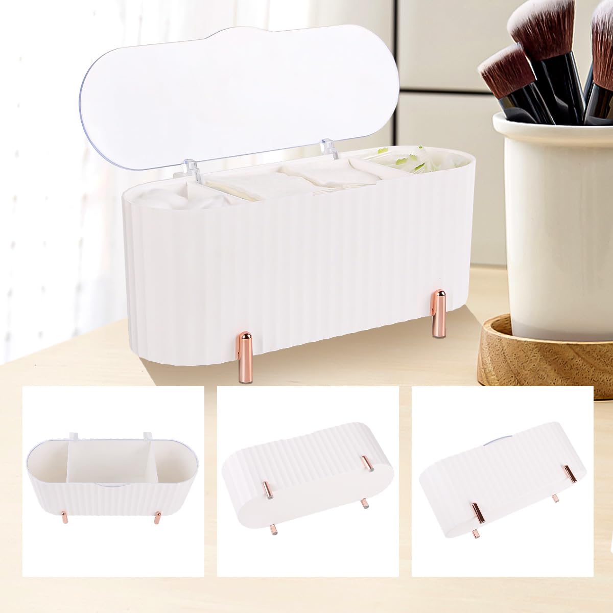 Tonxus Plastic Qtip Holder Dispenser,Cotton Ball and Swab Holder with Clear Lid,3 Compartments Bathroom Storage Organizer,Multifunctional Vanity Organizer for Cotton Swab,Ball,Cotton Pad,White