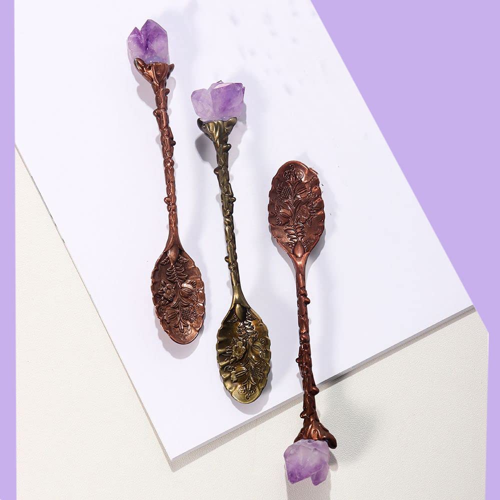 Leadigol 2pcs Retro Crystal Antique Spoon Coffee Spoon Tea Spoon,Amethyst Crystal Alloy Spoons,Mini Ice Cream Decorative Spoons, for Home Office