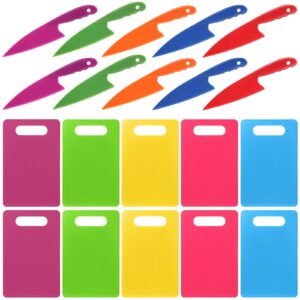 yinkin 20 pcs kids plastic knife set with cutting board toddler knife tools, including 10 child safe knife 10 kids chopping board kids cooking utensils for cooking club, preschool (bright,basic)