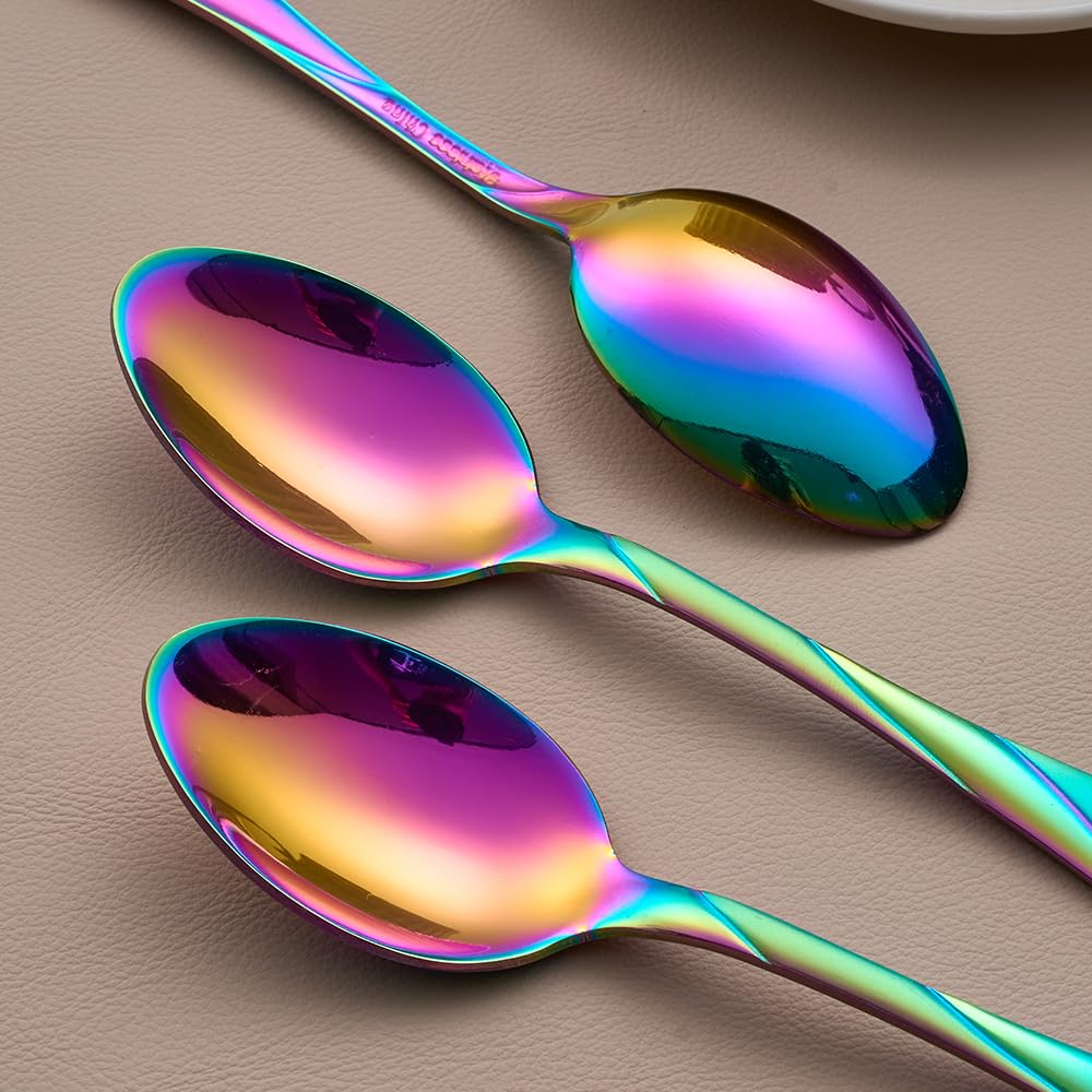 Rainbow Dessert Spoons, Seeshine 6.5-inch Stainless Steel Shiny Rainbow Teaspoon, Espresso Coffee Spoon, Tea Spoons Silverware, Set of 6