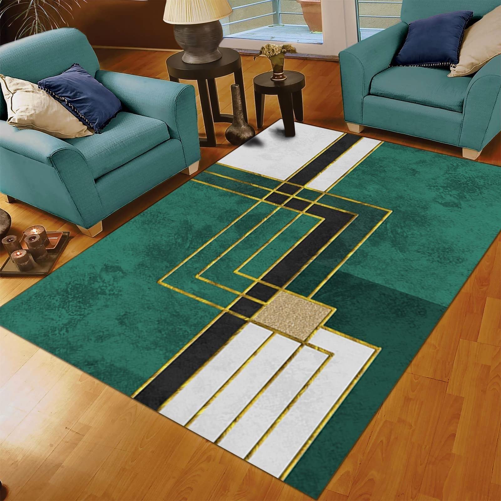 Luxury Emerald Green Gold Home Area Rug, Retro Black Gold Geometric Print Indoor Carpet, Non-Shedding Soft and Plush Floor Decor Area Rug for Bedroom Living Room Hallways Entryway Office 2x3ft