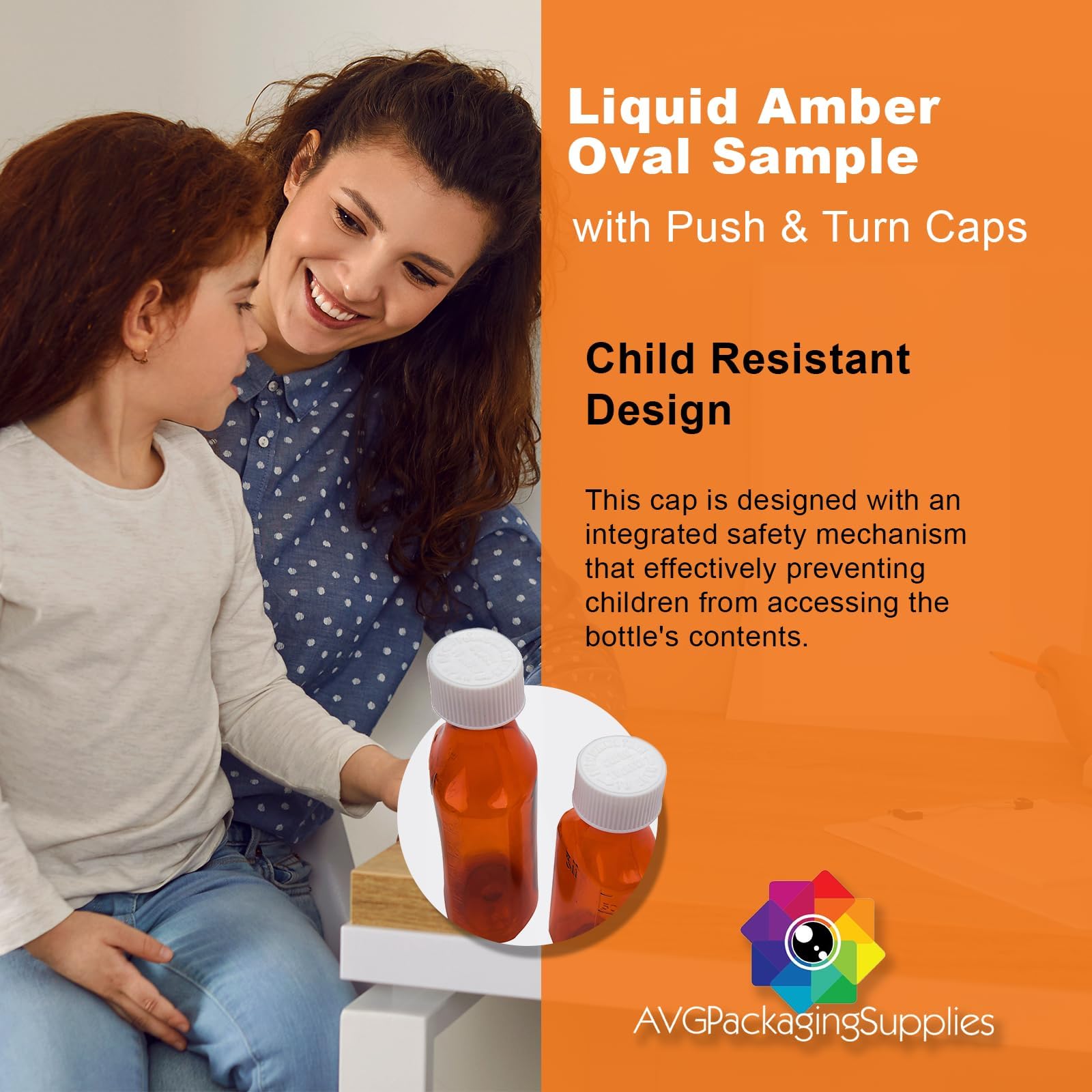 AVG Packaging Supplies Liquid Amber Oval Sample Bottles with Push & Turn Caps – Child Resistant Pharmacy Prescription Medicine Containers, 1oz Vials (25ct)