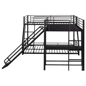 Triple Bunk Beds with Slide, L-Shape Twin Over Ful Bunk Bed Attached a Loft Bed with Desk, Metal Corner Bunk Bed Frame for Three Kids Boys Girls Teens, Black