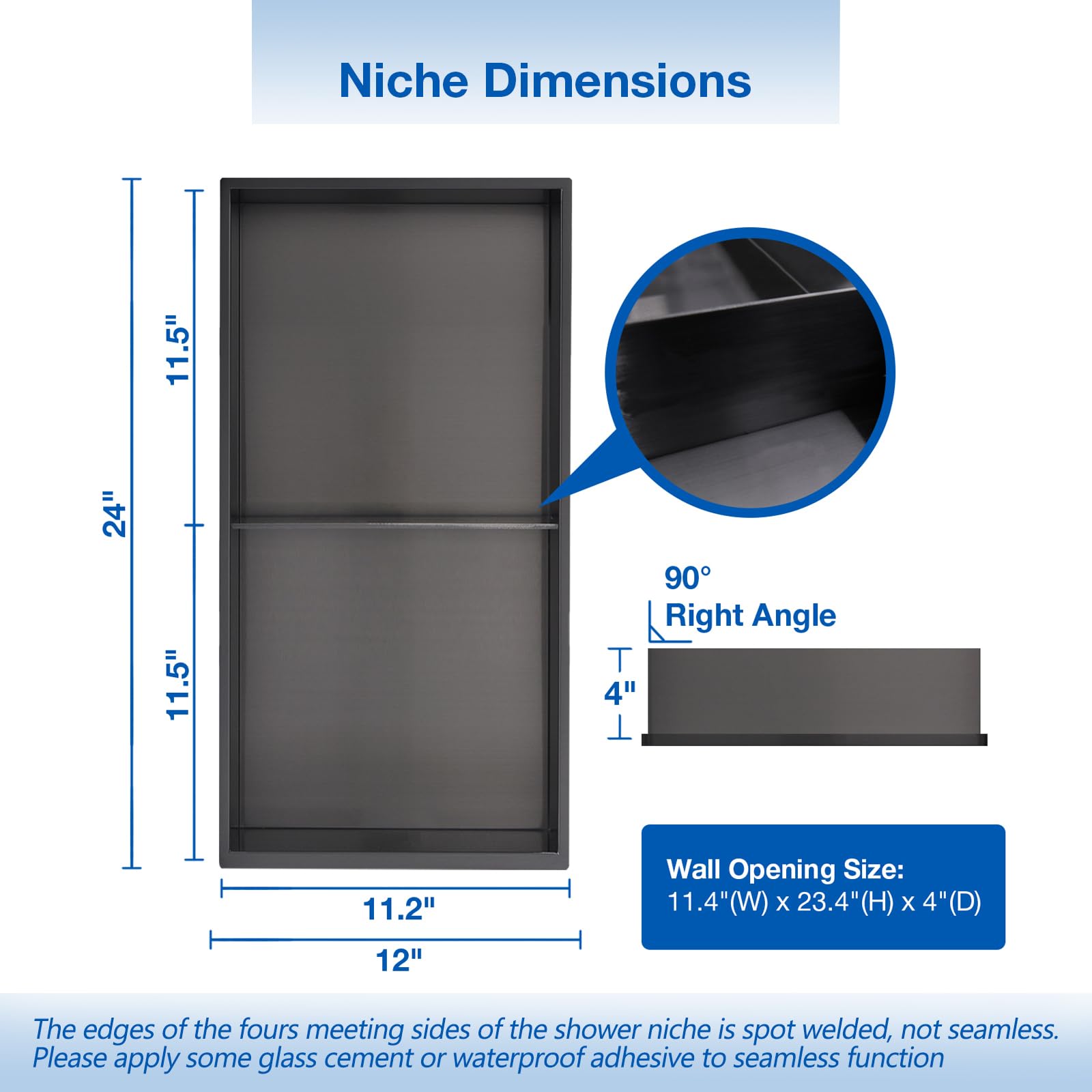 ZDHHT Black Shower Niche Wall Inserted, 12" X 24" X 4" Black Stainless Steel Shower Niche Double Shelves Recessed Modern Wall Niches No Tile Needed, for Kitchen Bathroom Bedroom or Tub Storage