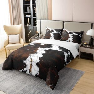 Cowhide Print 100% Cotton Duvet Cover for Kids Adults,Brown White Cow Fur Pattern Bedding Set King,Rustic Farmhouse Style Wild Animal Comforter Cover 3 Pcs with 2 Pillowcases