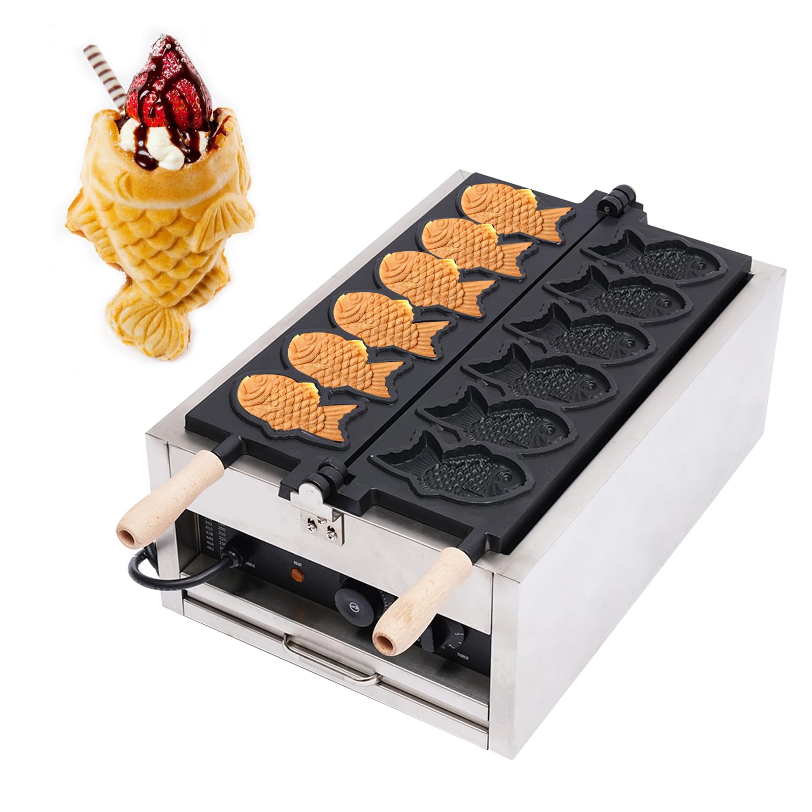 DYRABREST Taiyaki Fish Waffle Maker,Electric Commercial Fish Waffle Maker, 6Pcs Non-stick Stainless Steel Waffle Iron Baker Machine for Restaurant Cafe Snack Shop Food Stall