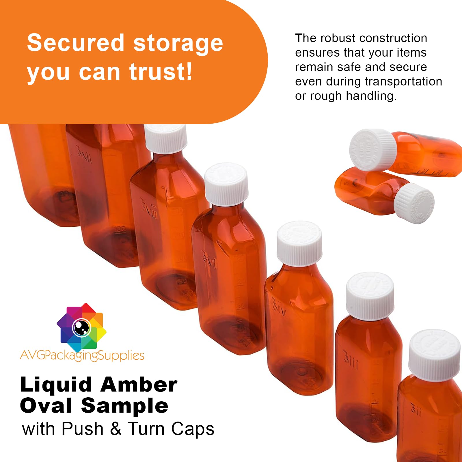 AVG Packaging Supplies Liquid Amber Oval Sample Bottles with Push & Turn Caps – Child Resistant Pharmacy Prescription Medicine Containers, 2oz Vials (200ct)