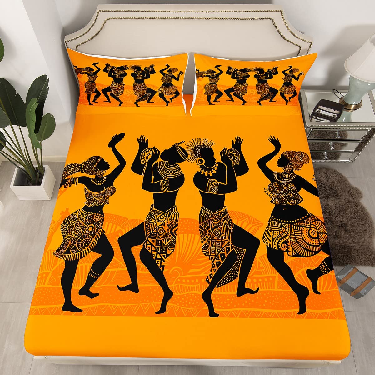 African Themed Bed Sheet Set Queen Size African Pattern Fitted Sheet for Kids Decor Ethnic Afro Decor Bedding Set Tribal Dance Bed Cover Deep Pocket Traditional Exotic Style Bed Set