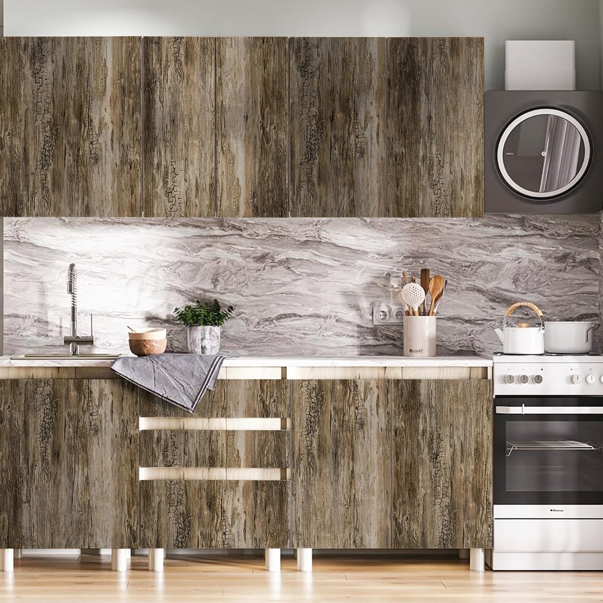 Livebor Wood Contact Paper Distressed Wood Wallpaper Peel and Stick 17.7inch x 118.1inch Rustic Woodgrain Contact Paper Wood Textured Peel and Stick Wallpaper Countertops Waterproof Wall Paper Vinyl