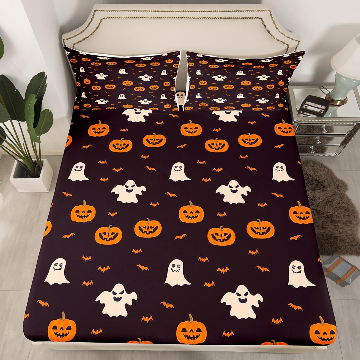 Pumpkin Lantern Fitted Sheet Twin Size Kids Halloween Bedding Set for Boys Girls Teens Pumpkin Lantern Bed Sheet Set Breathable Ghost Bed Cover Deep Pocket Bat,No Top Sheet