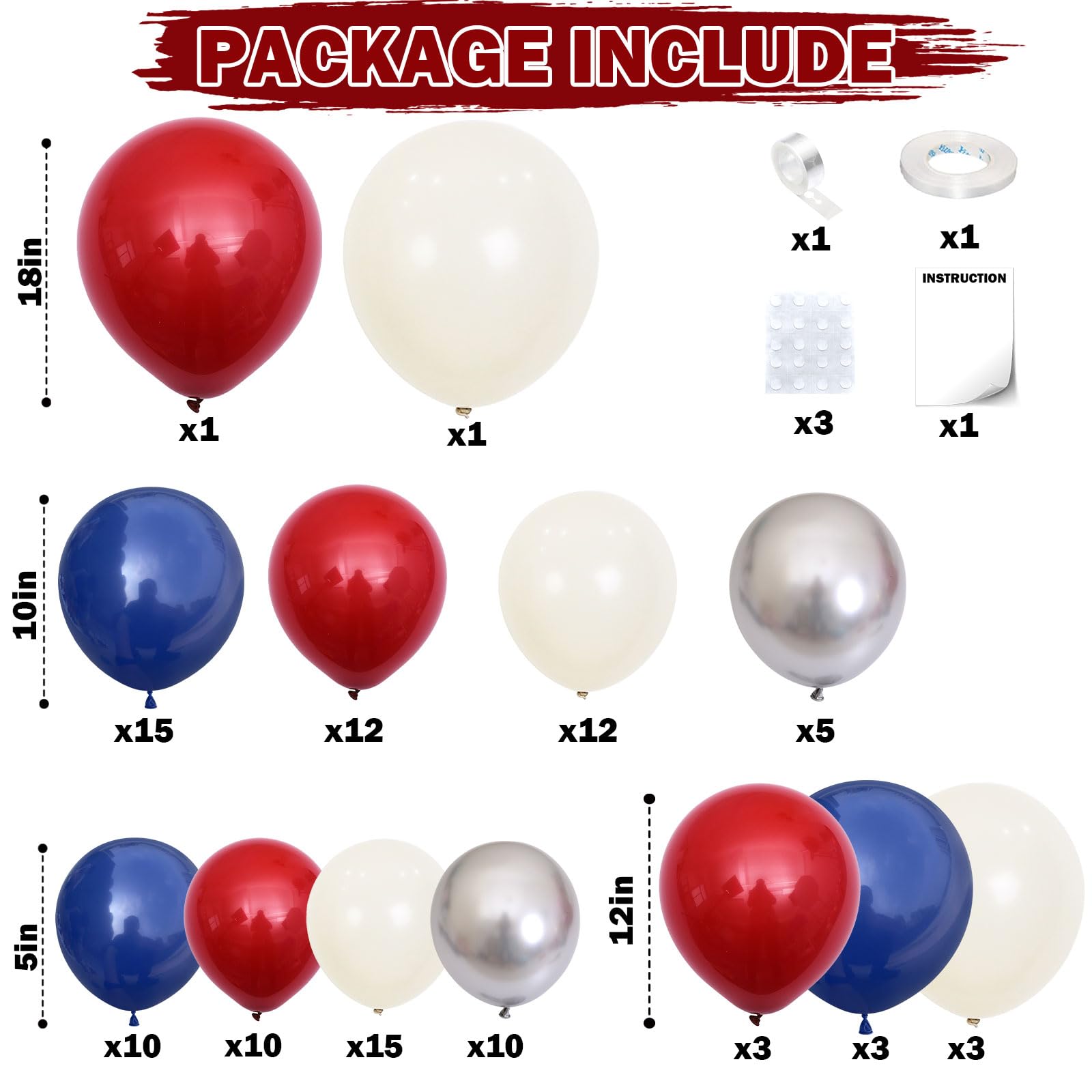 Red Blue Balloon Garland Kit, 18/12/10/5 inch Blue Red Chrome Silver and Sand White Party Balloon Arch Kit for Baby Shower Graduation Baseball Superhero Birthday National Day 4th of July Decorations