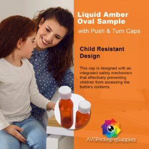 AVG Packaging Supplies Liquid Amber Oval Sample Bottles with Push & Turn Caps – Child Resistant Pharmacy Prescription Medicine Containers, 8oz Vials (100ct)