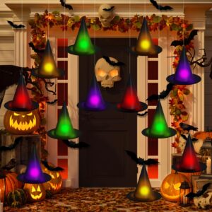 yujun 24pcs halloween decorations witch hats lights,colorful halloween hanging witch hats with 3d bats decorations for indoor outdoor yard garden porch halloween decor and costumes