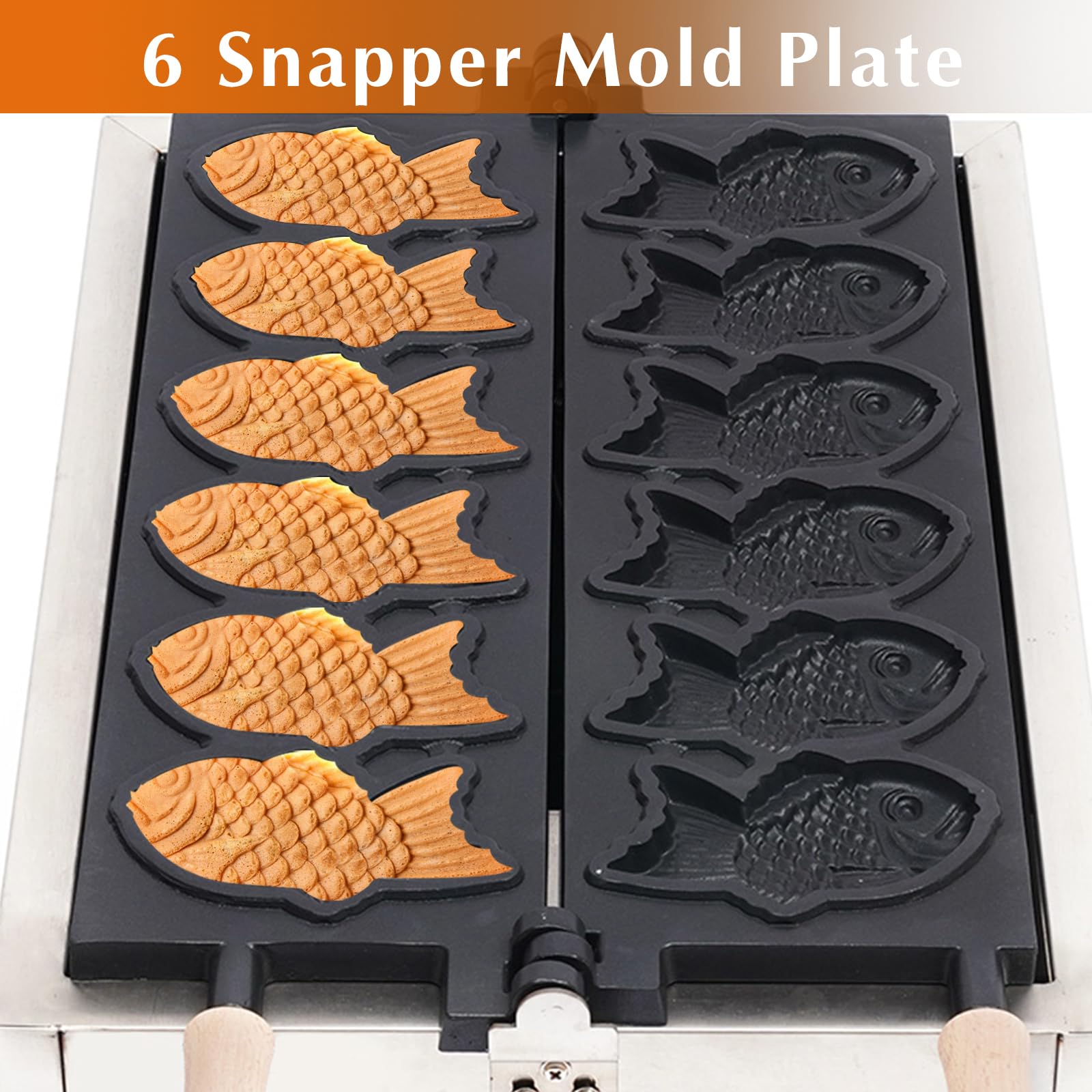 DYRABREST Taiyaki Fish Waffle Maker,Electric Commercial Fish Waffle Maker, 6Pcs Non-stick Stainless Steel Waffle Iron Baker Machine for Restaurant Cafe Snack Shop Food Stall