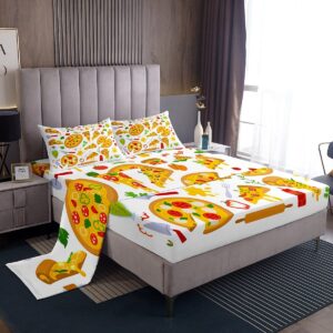 pizza bed sheets set full size sausage pizza sheet set for kids boys girls decor food themed sheets with deep pocket fitted sheet microfiber fast food bedding set bedroom delicious gourmet bed set