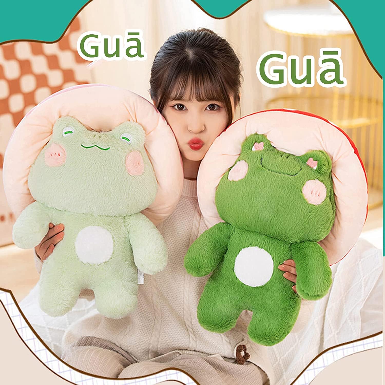 Frog Plushies Toys, 17" Cute Frog Pillow with Mushroom Hat Stuffed Animals, Kawaii Plushies Gift for Kids Girls Adults Valentines Birthdays Gift（Light Green Red hat, 17inch