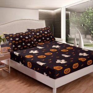 pumpkin lantern fitted sheet twin size kids halloween bedding set for boys girls teens pumpkin lantern bed sheet set breathable ghost bed cover deep pocket bat,no top sheet