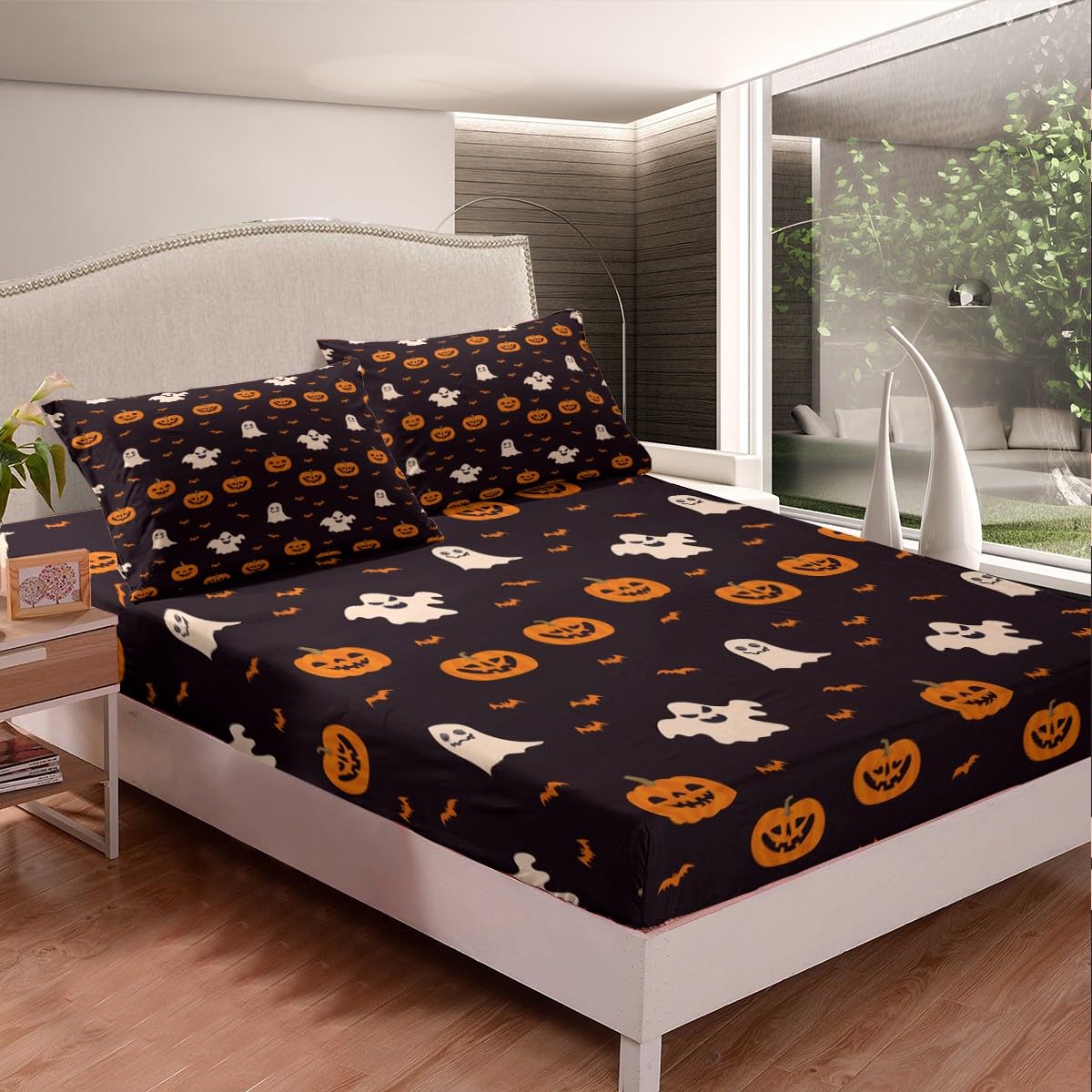 Pumpkin Lantern Fitted Sheet Twin Size Kids Halloween Bedding Set for Boys Girls Teens Pumpkin Lantern Bed Sheet Set Breathable Ghost Bed Cover Deep Pocket Bat,No Top Sheet