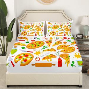 Pizza Bed Sheets Set Full Size Sausage Pizza Sheet Set for Kids Boys Girls Decor Food Themed Sheets with Deep Pocket Fitted Sheet Microfiber Fast Food Bedding Set Bedroom Delicious Gourmet Bed Set