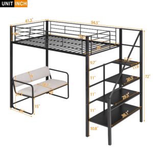 Twin Size Loft Bed with Storage Staircase and Bench, Metal Twin Loft Bed Frame for Kids Teens, Twin High Loft Bed, Metal Loft Bed with Full Length Guardrail and Slat (Twin, Black)