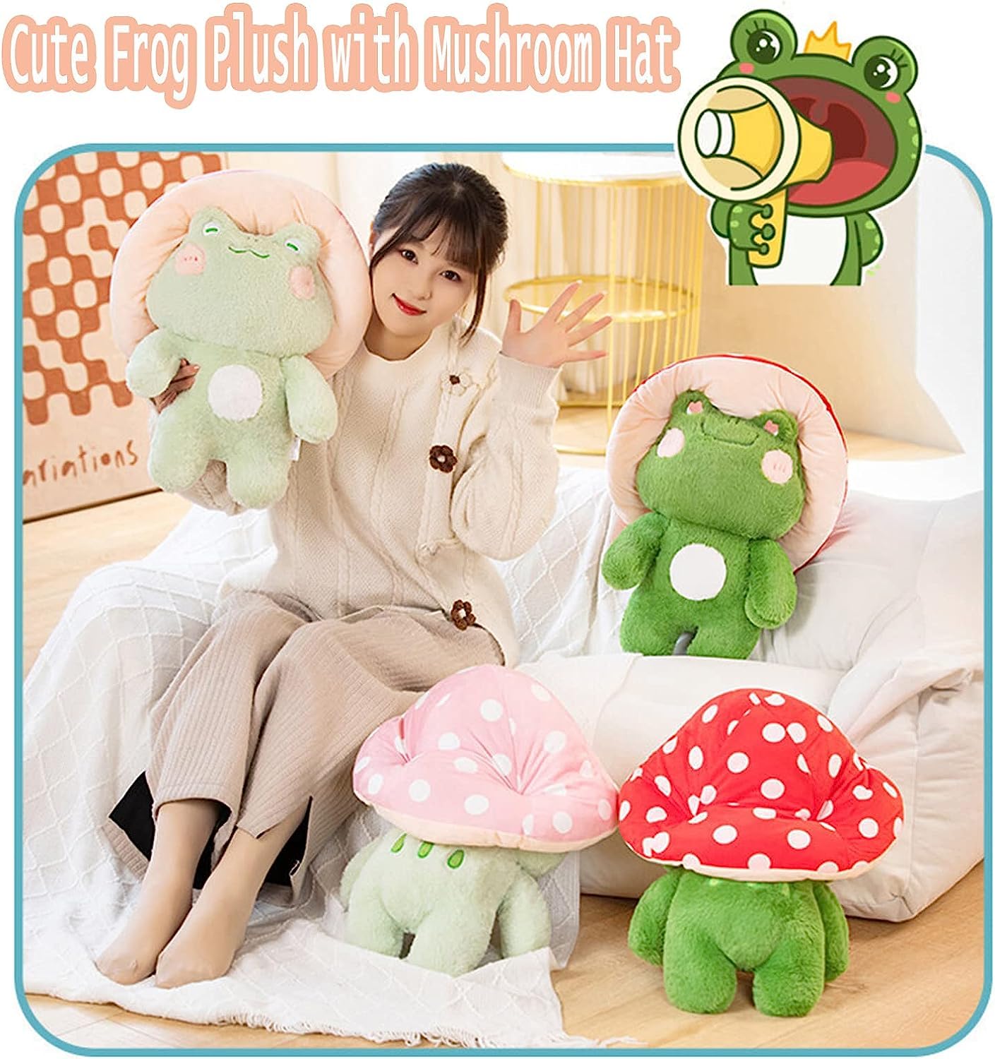 Frog Plushies Toys, 17" Cute Frog Pillow with Mushroom Hat Stuffed Animals, Kawaii Plushies Gift for Kids Girls Adults Valentines Birthdays Gift（Light Green Red hat, 17inch