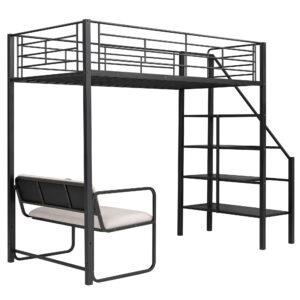 Twin Size Loft Bed with Storage Staircase and Bench, Metal Twin Loft Bed Frame for Kids Teens, Twin High Loft Bed, Metal Loft Bed with Full Length Guardrail and Slat (Twin, Black)