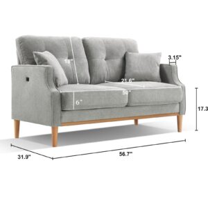 Plococo 56.7" 2 Pillows Loveseat Sofa Couch with USB Charge Port and Solid Metal Frame and Wood Legs, Waterproof Fabric Sofas with Thickness Cushion for Small Aparment (Beige Grey)