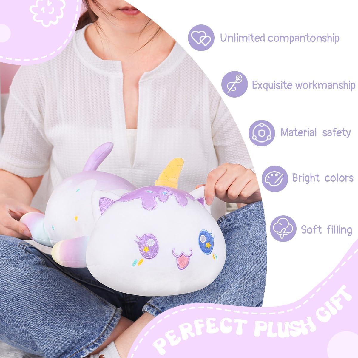 AIXINI Cute Cat Plush Pillow 13.7" Ice Cream Cone Kitten Stuffed Animal, Soft Kawaii Cat Plushie Gift for Kids