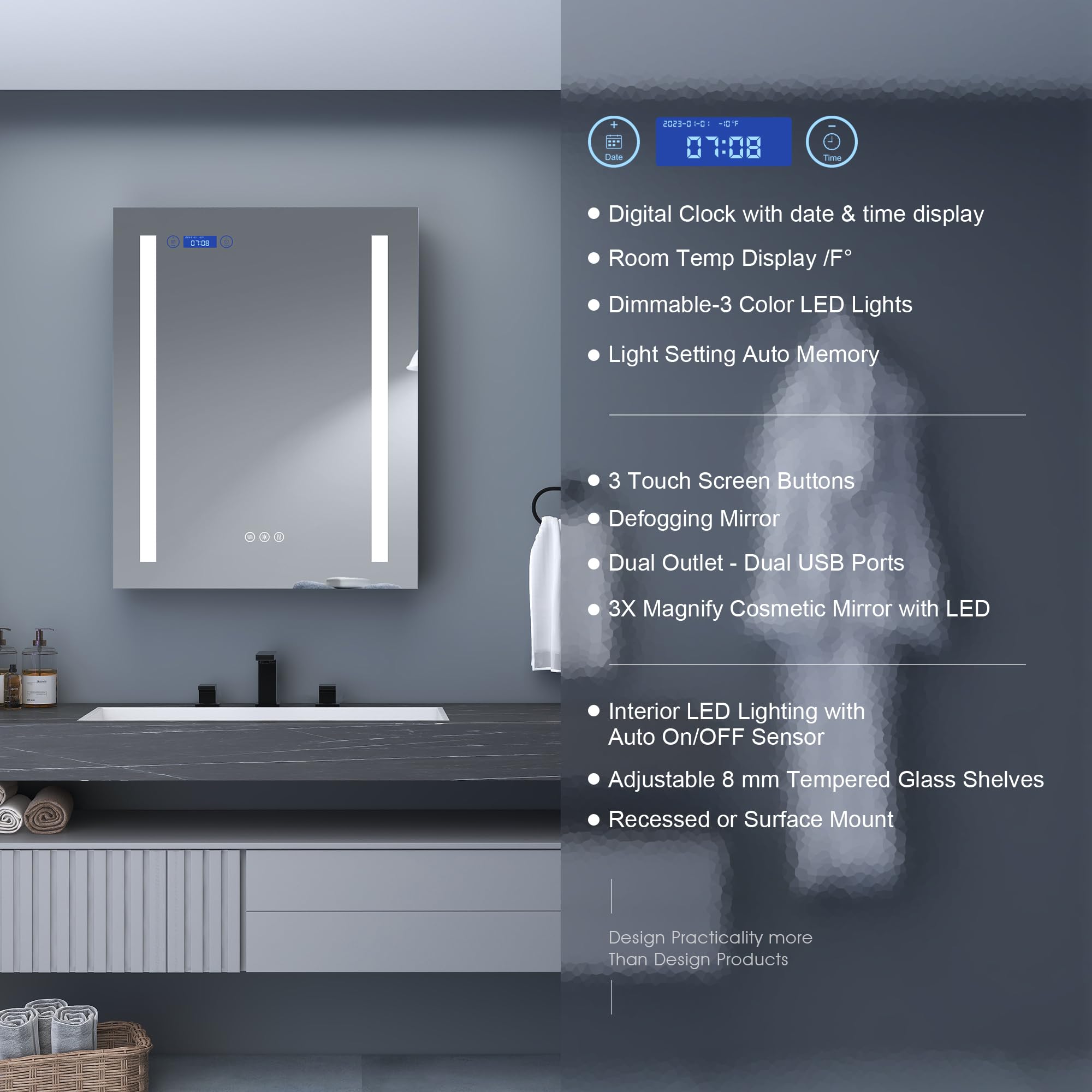 FRALIMK LED Medicine Cabinet with Vanity Mirror Lights, 24x30 inch Bathroom Wall with Defogger, Date/Time, Room Temp Display, 3X Makeup Mirror, Outlet, Recessed or Surface,Right Hinge