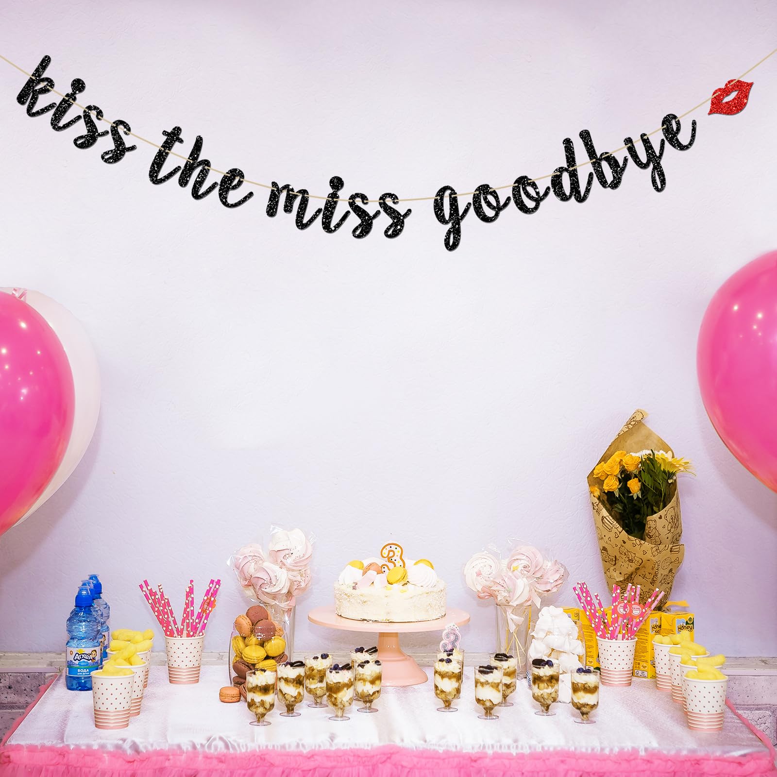 INNORU Kiss the Miss Goodbye Banner - Engagement Party Decor - Miss to Mrs Party Decorations Supplies, Bridal Shower Party Bunting Decorations, Black Glitter