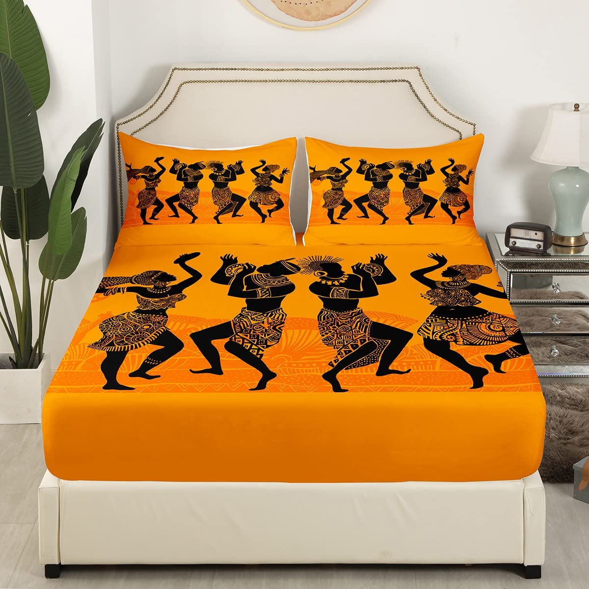 African Themed Bed Sheet Set Queen Size African Pattern Fitted Sheet for Kids Decor Ethnic Afro Decor Bedding Set Tribal Dance Bed Cover Deep Pocket Traditional Exotic Style Bed Set