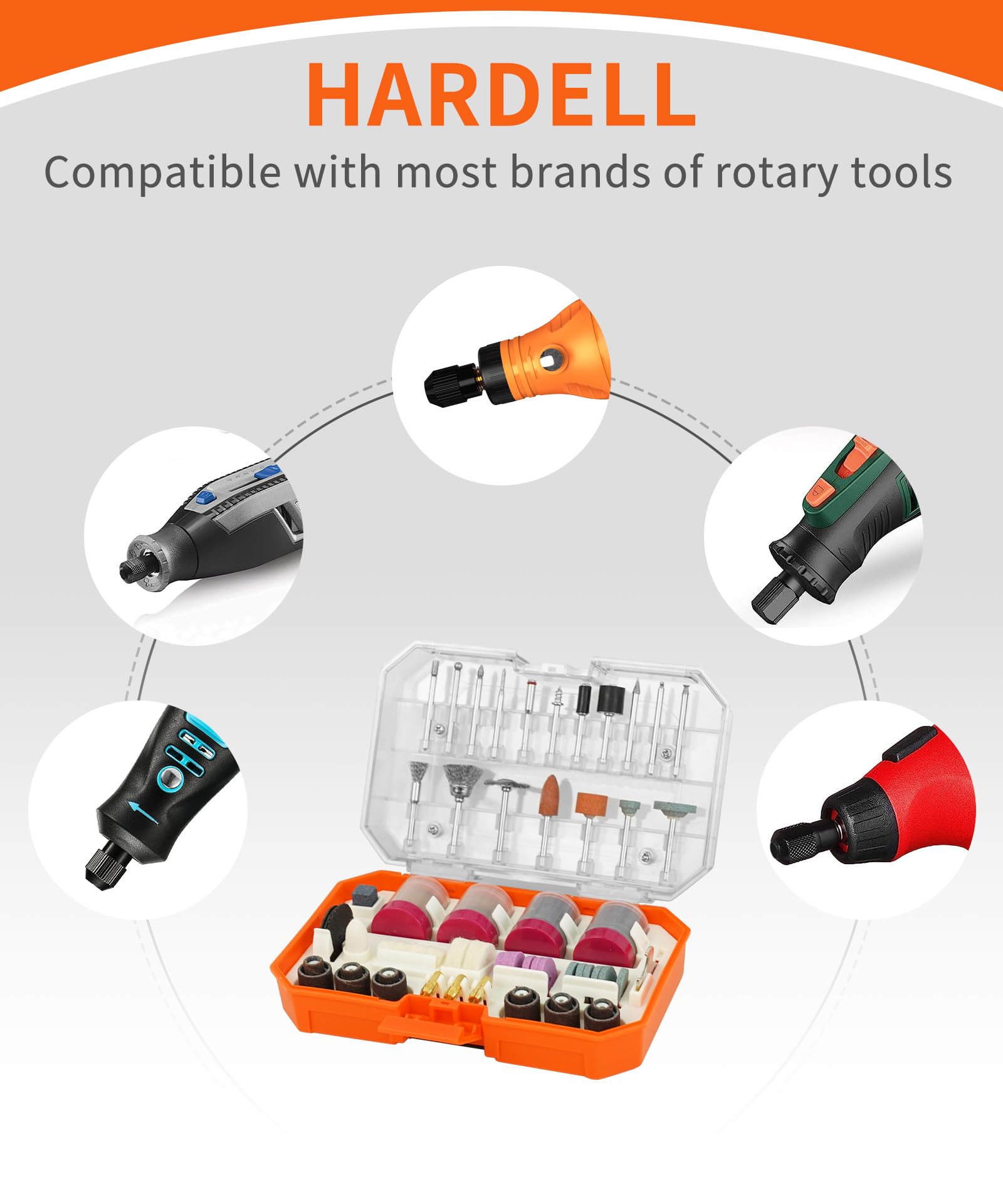 HARDELL Rotary Tool Accessories, 227pcs Power Rotary Tool Accessories Kit, 1/8"(3.2mm) Diameter Shanks, Universal Fitment for Easy Cutting, Polishing, Sanding, Carving, Grinding(Orange)